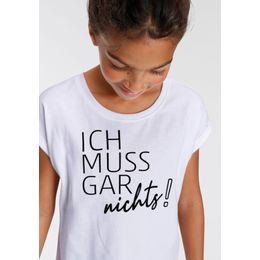 T-Shirt Kidsworld "Ich muss garnichts", M&auml;dchen, Gr. 140/146, wei&szlig;, Single Jersey, Obermaterial: 100% Baumwolle, bedruckt, weit h&uuml;ftbedeckend, Rundhals, Aufschlag, Shirts T-Shirt, Kurzarm, weite Passform, mit peppigen Statements und Spr&uuml;chen, Topseller