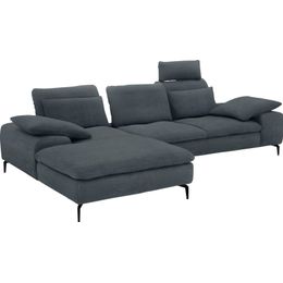Ecksofa W.Schillig "valentinoo, Designsofa, bequem, elegant und zeitlos, L-Form", blau (marine r66), B:299cm H:83cm T:178cm, Chenille-Flachgewebe R66 (85% Polyester, 15% Nylon), Sofas, Ecksofa, inklusive Hocker, mit Sitztiefenverstellung, Breite 299 cm