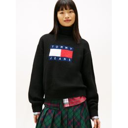 Rollkragenpullover Tommy Jeans "TJW TURTLENECK FLAG SWEATER EXT", Damen, Gr. M (38), schwarz, Strick, Obermaterial: 53% Polyester, 38% Nylon, 9% Wolle, gemustert, regular fit normal, Rundhals, Pullover Rollkragenpullover