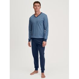 Schlafanzug Calida "Relax Streamline 5", Herren, Gr. XL (56), blau (insignia blau), Interlock, Obermaterial: 100% Baumwolle, bequem lang, V-Ausschnitt, angesetztes B&uuml;ndchen, Homewear-Sets Schlafanzug, V-Ausschnitt, mit langen &Auml;rmeln, Interlock-Qualit&auml;t