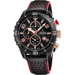 Chronograph Festina, schwarz (schwarz, rot), Armbanduhren, Herren, Chronograph, Armbanduhr, Quarzuhr, Herrenuhr, Stoppfunktion, Lederarmband