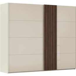 Schwebet&uuml;renschrank Rauch "Kleiderschrank Schrank Garderobe W&auml;scheschrank TEGIO", beige (champagner, glas champagner, absetzungen nussbaum), B:262cm H:223cm T:69cm, Holzwerkstoff, Schr&auml;nke, Schwebet&uuml;renschrank, mit hochwertigen Holzdekoraufleistung und Glasfront MADE IN GERMANY
