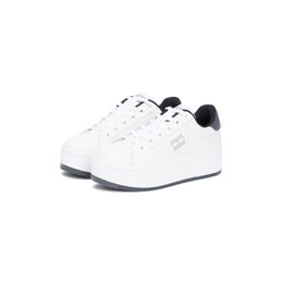 Plateausneaker Tommy Jeans "TJW FLATFORM ESS MU", Damen, Gr. 35, ecru, schwarz, Leder, Schuhe Plateausneaker, Freizeitschuh, Halbschuh, Schn&uuml;rschuh mit Kontrastbesatz