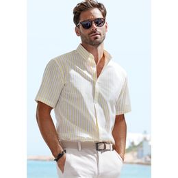 Kurzarmhemd John Devin "Regular Fit", Herren, Gr. XXL (45/46), N-Gr, gelb (gelb, gestreift), Web, Obermaterial: 100% Baumwolle, gestreift, regular fit, Rundhals, abgesteppte Kante, Hemden Kurzarmhemd, Streifenhemd mit Button-down-Kragen aus reiner Baumwolle