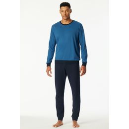 Schlafanzug uncover by Schiesser "Uncover Nightwear", Herren, Gr. 54, blau (813, blau), Single Jersey, Obermaterial: 100% Baumwolle, bequem lang, Rundhals, Homewear-Sets Schlafanzug, Langarm, Rundhals-Ausschnitt, Single Jersey-Qualit&auml;t, weich