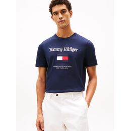 T-Shirt Tommy Hilfiger "TOMMY EMBRO FLAG", Herren, Gr. M, desert sky, Single Jersey, Obermaterial: 100% Baumwolle, regular fit, Rundhals, Shirts T-Shirt, mit Logostickerei, Jersey, normale Passform