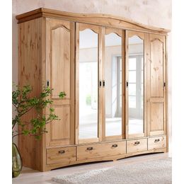 Schiebet&uuml;renschrank OTTO HOME "Konrad, Landhausstil, rustikal, mit Schubladen + Spiegel, Kassetten", beige (natur ge&ouml;lt, gelaugt), B:249cm H:207cm T:64cm, Glas, Massivholz, Schr&auml;nke, Schiebet&uuml;renschrank, massive Kiefer, FSC-zertifiziert, Messinggriffe, mehrere Varianten