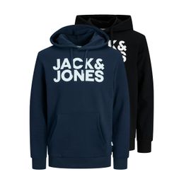 Jack & Jones Kapuzensweatshirt JACK & JONES "JJECORP LOGO SWEAT HOOD 2PK MP NOOS", Herren, Gr. S, blau (schwarz, navy), angeraute Sweatware, Obermaterial: 70% Baumwolle, 30% Polyester, bedruckt, Sweatshirts Kapuzensweatshirt
