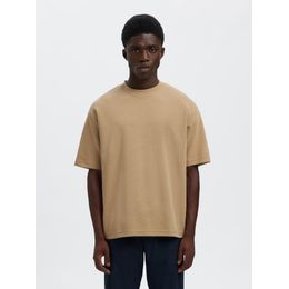 Rundhalsshirt Selected "SLHLOOSEOSCAR SS O-NECK TEE NOOS", Herren, Gr. S, savannah tan, Jersey, Obermaterial: 44% Baumwolle, 35% Polyester, 21% Elastomultiester, unifarben, loose fit normal, Rundhals, Shirts Rundhalsshirt
