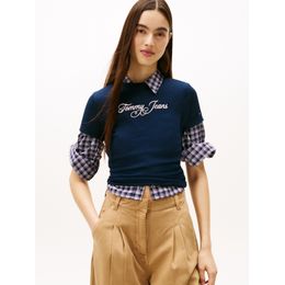 Kurzarmshirt Tommy Jeans "TJW SLIM ESS LOGO 1 RIB TEE EXT", Damen, Gr. XL (42), schwarz night navy, Single Jersey, Obermaterial: 95% Baumwolle, 5% Elasthan, bedruckt, figurbetont, Rundhals, Shirts Kurzarmshirt, in gerippter Struktur