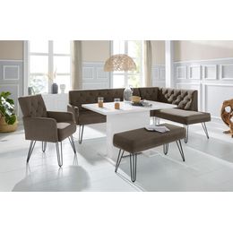 Eckbank exxpo - SOFA FASHION "Doppio, Chesterfield Optik, komfortabel und bequem, hohe Designf&uuml;&szlig;e", grau (taupe), B:158cm H:90cm T:236cm, 100% Polyester, Sitzb&auml;nke, Eckbank, Frei im Raum stellbar