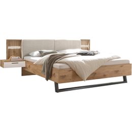 Bettanlage Schlafkontor "Daria Bett mit gepolstertem Kopfteil", beige (viking oak hell, wei&szlig;), B:297,6cm H:98,8cm T:222,4cm, Melamin, Schlafzimmerm&ouml;bel-Sets, Bettanlage, inklusive Paneel mit Beleuchtung