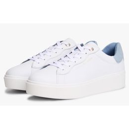 Plateausneaker Tommy Hilfiger "CHIC PLATFORM CUPSOLE SNEAKER", Damen, Gr. 41, wei&szlig;, hellblau, Leder, Schuhe Plateausneaker, Freizeitschuh, Halbschuh, Schn&uuml;rer mit sch&ouml;nem TH-Logoelement
