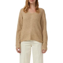 Strickpullover s.Oliver, Damen, Gr. 42, camel beige melange, Strick, Obermaterial: 59% Baumwolle, 37% Polyacryl, 4% Wolle, meliert, relaxed fit normal, V-Ausschnitt, gerader Abschluss, Pullover Strickpullover, mit Struktur Muster
