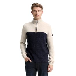 Troyer Tom Tailor, Herren, Gr. L, sanftes wei&szlig; navy color block, Strick, Obermaterial: 60% Baumwolle, 40% Polyacryl, Colorblocking, regular fit normal, ohne Ausschnitt, Rippb&uuml;ndchen, Pullover Troyer, mit Logo Stickerei