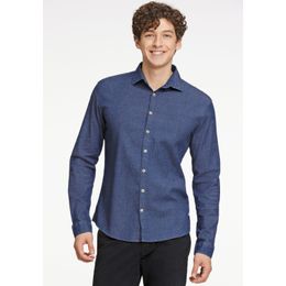 Langarmhemd LINDBERGH, Herren, Gr. M, N-Gr, blau (dk blau), Web, Obermaterial: 98% Baumwolle, 2% Elasthan, unifarben, relaxed fit taillenbedeckt, 2-Knopf-Manschette, Hemden Langarmhemd, mit Logostickerei unten links