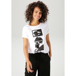 T-Shirt Aniston CASUAL, Damen, Gr. 48/50, schwarz (wei&szlig;, schwarz), Single Jersey, Obermaterial: 100% Baumwolle, bedruckt, figurumspielend h&uuml;ftlang, Rundhals, Shirts T-Shirt, mit Samt verziertem, extravaganten Frontdruck, Topseller