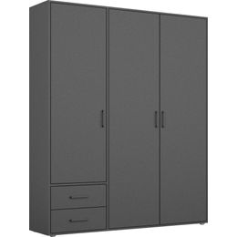 Dreht&uuml;renschrank Rauch "Kleiderschrank Schrank Garderobe W&auml;scheschrank VOYAGER", grau (graumetallic, griffe graumetallic), B:140cm H:194cm T:53cm, Holzwerkstoff, Schr&auml;nke, Dreht&uuml;renschrank, mit 2 modernen Griffvarianten, mit Au&szlig;enschubladen MADE IN GERMANY