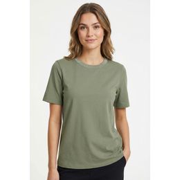 Kurzarmshirt Pieces "PCRIA SS LUREX NECK TEE JRS NOOS BC", Damen, Gr. M, deep lichen gr&uuml;n detail:lurex rib, Jersey, Obermaterial: 100% Baumwolle, unifarben, regular fit normal, Rundhals, Shirts Kurzarmshirt, mit Glitzerdetail