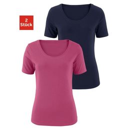 T-Shirt Vivance "aus elastischer Baumwoll-Qualit&auml;t", Damen, Gr. 36/38, transparent (beere, navy), Single Jersey, Obermaterial: 95% Baumwolle, 5% Elasthan, unifarben, Basic, bequem normal, tiefer Rundhals, Shirts T-Shirt, Topseller