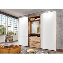 Schwebet&uuml;renschrank wimex "Magic by fresh to go", braun (plankeneiche nachbildung, wei&szlig;), B:300cm H:236cm T:65cm, Schr&auml;nke, Schwebet&uuml;renschrank, mit drehbarer Spiegelt&uuml;r