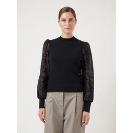 Rundhalspullover Y.A.S "YASDOTME LS KNIT PULLOVER S. NOOS", Damen, Gr. XS, schwarz detail:flowers, Rippstrick, Obermaterial: 52% Viskose, 26% Polyester, 22% Nylon, unifarben, regular fit normal, hoch geschlossener Ausschnitt, Rippb&uuml;ndchen, Pullover Rundhalspullover