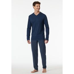 Schlafanzug Schiesser "Casual Essentials", Herren, Gr. 56, blau (801, admiral), Single Jersey, Obermaterial: 100% Baumwolle, gemustert, unifarben, lang, V-Ausschnitt, Homewear-Sets Schlafanzug, mit V-Ausschnitt