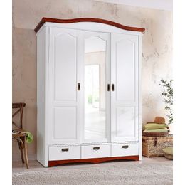 Schiebet&uuml;renschrank OTTO HOME "Konrad, Landhausstil, rustikal, mit Schubladen + Spiegel, Kassetten", wei&szlig; (wei&szlig;, kirschbaumfarben gewachst), B:153cm H:207cm T:64cm, Glas, Massivholz, Schr&auml;nke, Schiebet&uuml;renschrank, massive Kiefer, FSC-zertifiziert, Messinggriffe, mehrere Varianten