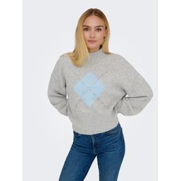 Strickpullover Only "ONLWAKEFIELD LIFE LS BLING HIGHNECK KNT", Damen, Gr. M, light grau melange detail:cashmere blau mel, silber bling, Strick, Obermaterial: 63% Polyester, 33% Polyacryl, 4% Elasthan, bedruckt, regular fit normal, hoch geschlossener Ausschnitt, Rippb&uuml;ndchen, Pullover Strickpullover