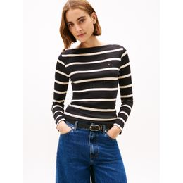 Langarmshirt Tommy Hilfiger "SLIM 5X2 RIB BOAT-NK LS mit U-Boot Ausschnitt und Rippstruktur", Damen, Gr. L (40), schwarz, calico stp, Single Jersey, Obermaterial: 95% Viskose, 5% Elasthan, gestreift, figurbetont normal, U-Boot-Ausschnitt, Shirts Langarmshirt, unifarben, casual, slim fit, Viskosemix, U-Boot-Ausschnitt