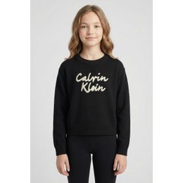 Rundhalspullover Calvin Klein Jeans "LOGO METALLIC INTERSIA", M&auml;dchen, Gr. 10 (140), schwarz (ck schwarz), Strick, Obermaterial: 100% Baumwolle, unifarben, regular fit h&uuml;ftlang, Rundhals, B&uuml;ndchen, Pullover Rundhalspullover, f&uuml;r Kinder bis 16 Jahre, gro&szlig;e Stickerei