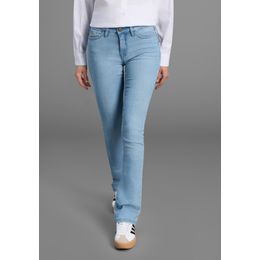 Bootcut-Jeans Arizona "Baby-Boot", Damen, Gr. 46, N-Gr, blau (bleached), Denim/Jeans, Obermaterial: 79% Baumwolle, 19% Polyester, 2% Elasthan, Basic, eng lang, Jeans Bootcut-Jeans, Bootcut-Stil, figurbetonte Passform, mit Used-Effekten, Topseller