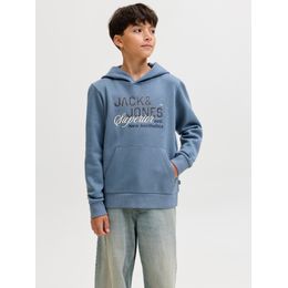 Jack & Jones Kapuzensweatshirt JACK & JONES JUNIOR "JJELOGO SWEAT HOOD 2 COL AW25 NOOS JNR", Jungen, Gr. 140, blau mirage, angeraute Sweatware, Obermaterial: 70% Baumwolle, 30% Polyester, bedruckt, regular fit normal, ohne Ausschnitt, Rippb&uuml;ndchen, Sweatshirts Kapuzensweatshirt