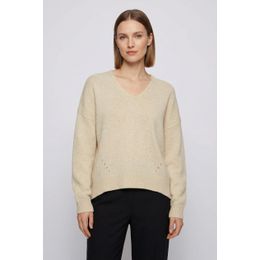 Strickpullover BOSS Orange "Fondyssa Premium Damenmode", Damen, Gr. L (40), open beige 284, Strick, Obermaterial: 44% Polyamid, 34% Alpaka, 22% Wolle, bequem normal, V-Ausschnitt, Rippstrickb&uuml;ndchen, Pullover Strickpullover, im Relaxed Fit, V-Ausschnitt