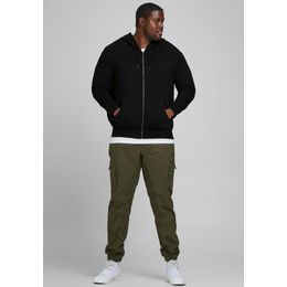 Jack & Jones PlusSize Kapuzensweatjacke "BASIC SWEAT ZIP HOOD", Herren, Gr. 6XL, schwarz, angeraute Sweatware, Obermaterial: 85% Baumwolle, 15% Polyester, JACK & JONES PLUSSIZE, unifarben, Basic, normal normal, ohne Ausschnitt, B&uuml;ndchen, Sweatjacken Kapuzensweatjacke, bis Gr&ouml;&szlig;e 6XL