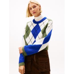 Strickpullover Tommy Hilfiger "ALPACA BLEND ARGYLE C-NK LS SWT", Damen, Gr. M, argyle cobalt, deep evergr&uuml;n, Strick, Obermaterial: 50% Alpaka, 50% Nylon, kariert, regular fit, Rundhals, Rippb&uuml;ndchen, Pullover Strickpullover
