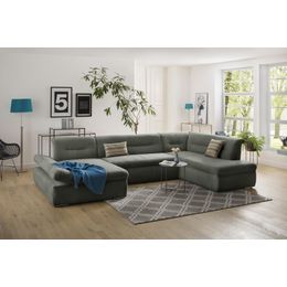 Wohnlandschaft Home Affaire "Avesa U-Form", gr&uuml;n (dunkelgr&uuml;n), B:355cm H:80cm T:216cm, 95% Polyester, 5% Polyacryl, Sofas, Wohnlandschaft, Wahlweise mit Armteilverstellung und Bettfunktion, B/T/H: 355/216/80cm