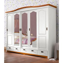 Schiebet&uuml;renschrank OTTO HOME "Konrad, Landhausstil, rustikal, mit Schubladen + Spiegel, Kassetten", wei&szlig; (wei&szlig;, kirschbaumfarben gewachst), B:249cm H:207cm T:64cm, Glas, Massivholz, Schr&auml;nke, Schiebet&uuml;renschrank, massive Kiefer, FSC-zertifiziert, Messinggriffe, mehrere Varianten
