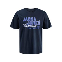 Jack & Jones PlusSize Rundhalsshirt "JJELOGO TEE SS O-NECK 2 COL SS26 SN PLS", Herren, Gr. 5XL, navy blazer, Jersey, Obermaterial: 100% Baumwolle, JACK & JONES PLUSSIZE, Rundhals, Shirts Rundhalsshirt, mit auff&auml;lligem Print