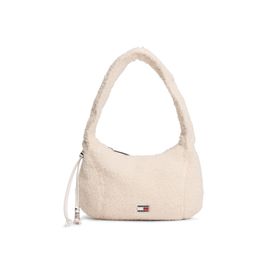 Schultertasche Tommy Jeans "TJW CASUAL SHERPA SHOULDER BAG", Damen, Gr. B/H/T: 27cm x 16cm x 8cm, ivory, Textil, Taschen Schultertasche, Damen Tragetasche, Freizeittasche mit wattiertem Tragegriff