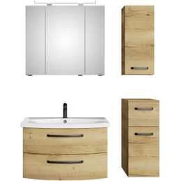 Badm&ouml;bel-Set SAPHIR "Serie 4010 4-teilig Keramik-Waschtisch mit LED-Spiegelschrank", braun (halifax eiche quer nachbildung), B:114cm H:200cm T:45cm, Holzwerkstoff, Kastenm&ouml;bel-Sets, Badm&ouml;bel-Set, Badezimmer Set mit Unterschrank, H&auml;ngeschrank, inkl. T&uuml;rd&auml;mpfer