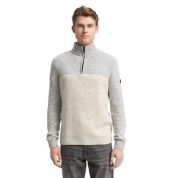 Troyer Tom Tailor, Herren, Gr. S, grau sanftes wei&szlig; nep colorblock, Strick, Obermaterial: 60% Baumwolle, 40% Polyacryl, Colorblocking, regular fit normal, ohne Ausschnitt, Rippb&uuml;ndchen, Pullover Troyer, mit Logo Stickerei