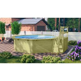 Achteckpool Karibu "Rimini 2X mit Sonnendeck", braun, B:550cm H:121cm L:470cm, Schwimmbecken, Achteckpool, BxLxH: 550x470x121 cm
