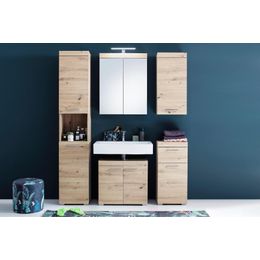Badm&ouml;bel-Set Welltime "Avena", braun (asteiche), Kastenm&ouml;bel-Sets, Badm&ouml;bel-Set, Hochschrank, WBU, Spiegelschrank, Kommode, H&auml;ngeschrank u. Beleuchtung