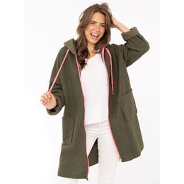 Kurzmantel Zwillingsherz "Neon", Damen, khaki, Boucl&eacute;, Obermaterial: 100% Polyacryl, unifarben, Po-bedeckend, ohne Ausschnitt, gerader Abschluss, M&auml;ntel Kurzmantel, aus Teddystoff mit Kapuze, Rei&szlig;verschluss und Taschen
