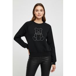 Sweatshirt Only "ONLCAMA L/S RHINESTONE O-NECK SWT", Damen, Gr. XS, schwarz detail:teddy, Sweatware, Obermaterial: 60% Baumwolle, 40% Polyester, bedruckt, regular fit, Rundhals, Rippb&uuml;ndchen, Sweatshirts Sweatshirt