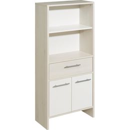 Midischrank SAPHIR "Quickset 350 Badschrank 62 cm breit, 2 T&uuml;ren, 1 Schublade, 2 F&auml;cher", beige (pinie ida hell, wei&szlig; glanz), B:62cm H:136,2cm T:28cm, Holzwerkstoff, Schr&auml;nke, Midischrank, Badezimmer-Midischrank Pinie Ida hell, Griffe alufarbig