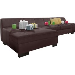 Ecksofa DOMO collection "Norma, elegant & modern, mit flachen Armlehnen, Breite 268cm, L-Form", braun (mokka), B:268cm H:74cm T:153cm, NaturLEDER in Sitz und R&uuml;cken. Korpus in passendem Kunstleder SOFTLUX bezogen;Struktur (90% Polyester, 10% Polyacryl);Mosel Struktur (100% Polyester);Kunstleder SOFTLUX;Microfaser-PRIMABELLE (100% Polyester), Sofas, Ecksofa, wahlweise mit Bettfunktion