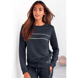 H.I.S. Sweatshirt H.I.S, Damen, Gr. 52/54, blau (marine), Interlock, Obermaterial: 60% Baumwolle, 40% Polyester, unifarben, Basic, bequem h&uuml;ftlang, Rundhals, B&uuml;ndchen, Sweatshirts Sweatshirt, mit Piping auf der Brust, Loungewear