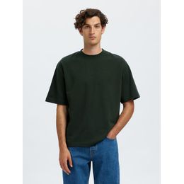 Rundhalsshirt Selected "SLHLOOSEOSCAR SS O-NECK TEE NOOS", Herren, Gr. S, gr&uuml;n (deep forest), Jersey, Obermaterial: 44% Baumwolle, 35% Polyester, 21% Elastomultiester, unifarben, loose fit normal, Rundhals, Shirts Rundhalsshirt